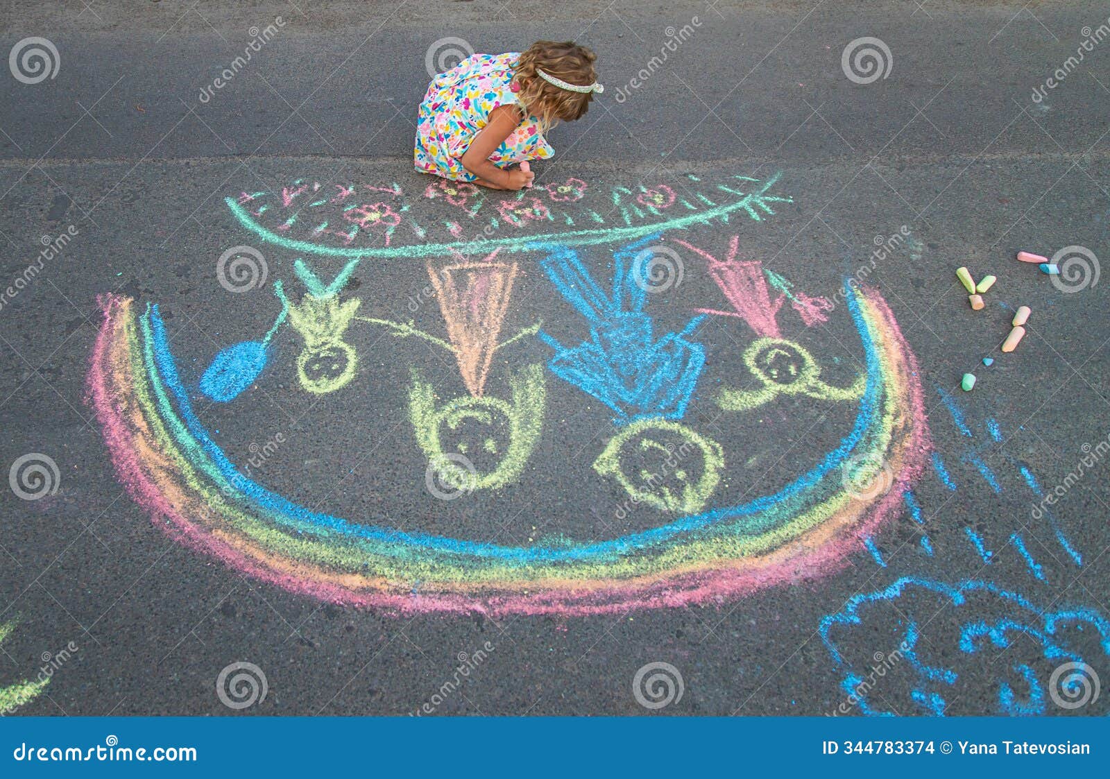 Children Draw with Chalk on the Asphalt. Selective Focus Stock Photo ...