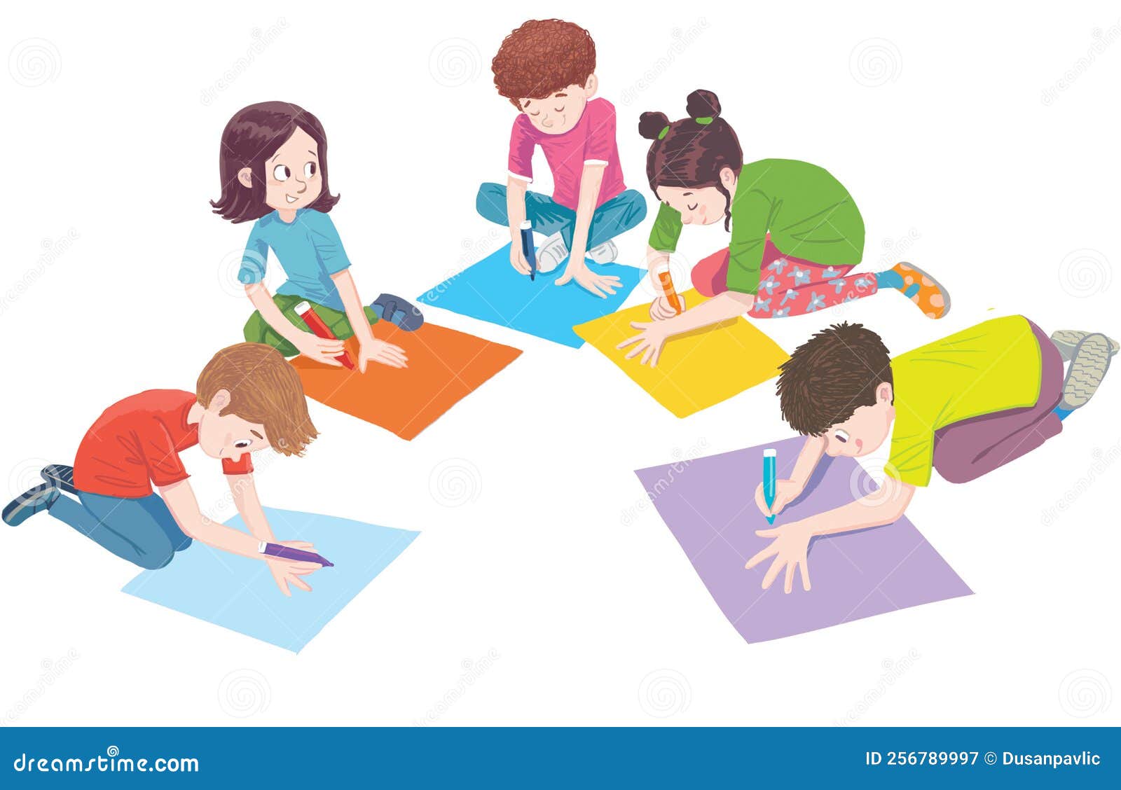 Children Draw on Colorful Papers Stock Illustration - Illustration of ...