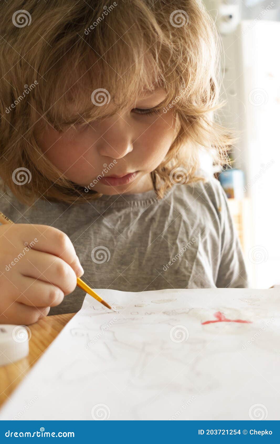 Children Draw in Home, Boy Studying Drawing at School Stock Photo ...