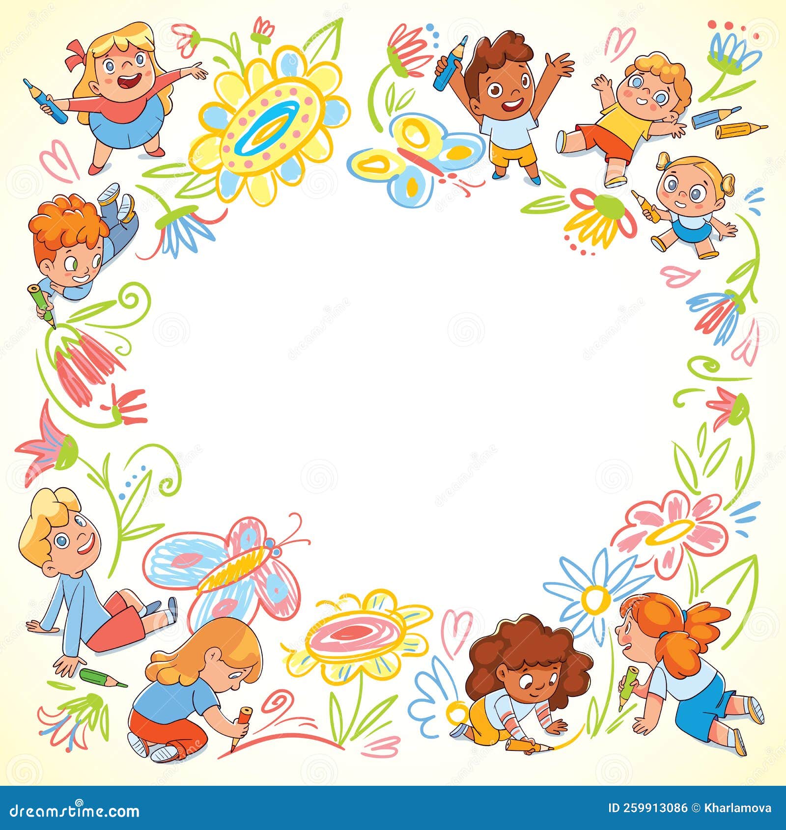 Children Draw Scribbles on the Floor with Colored Crayons. Kids ...