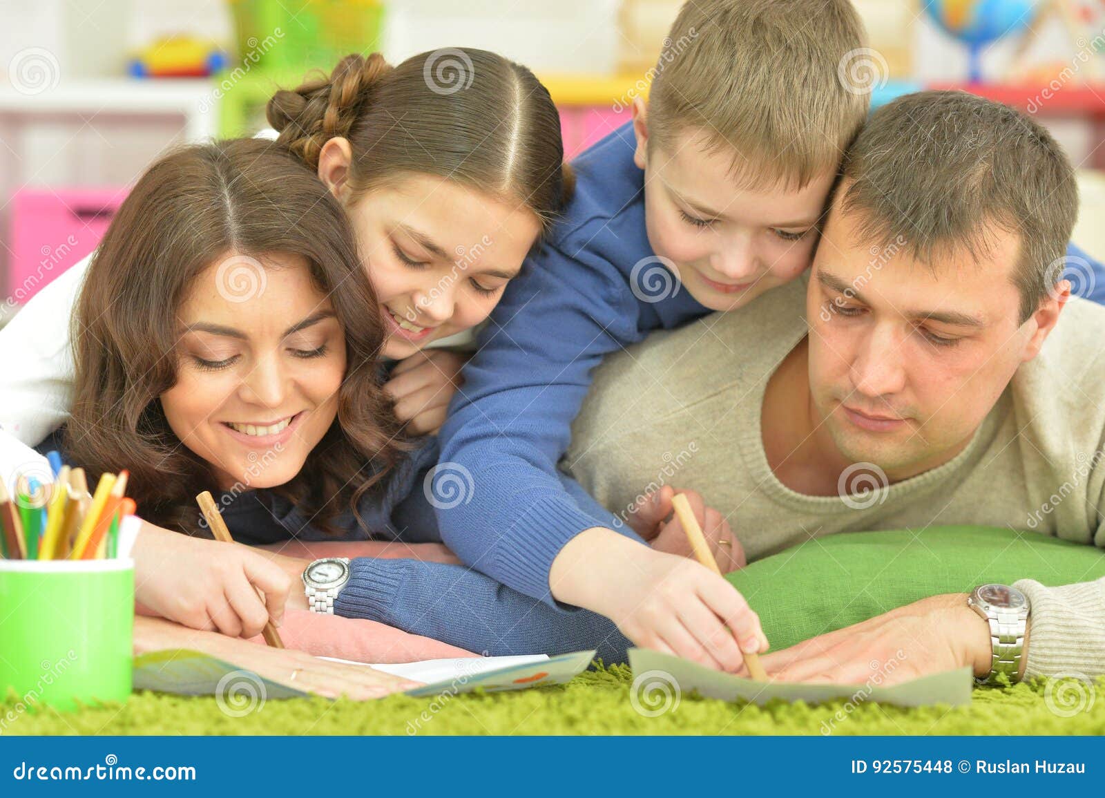 Children Draw with Their Parents Stock Photo - Image of people, child ...
