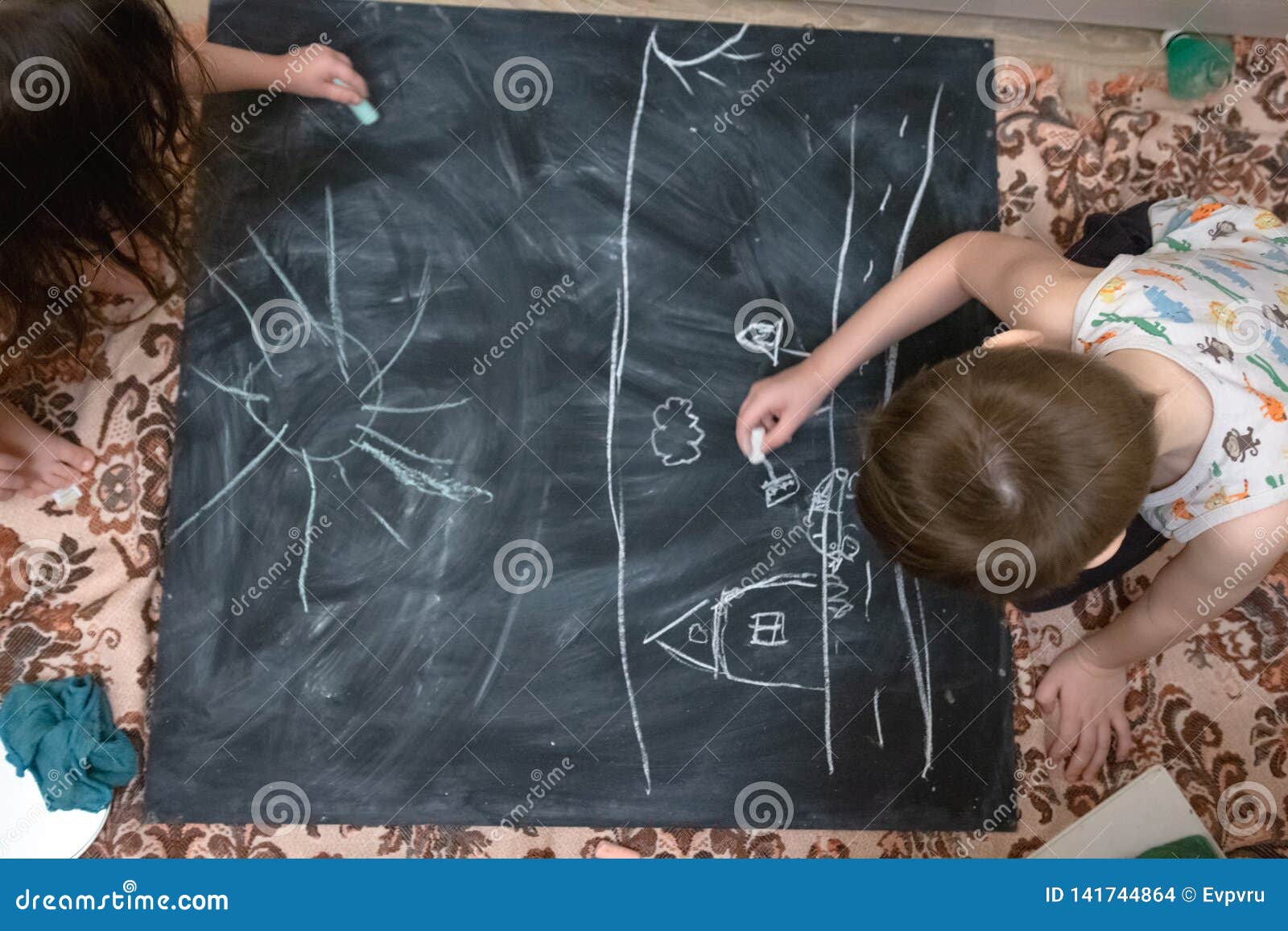 Children Drawing on Black Chalkboard with Chalk Editorial Stock Image ...