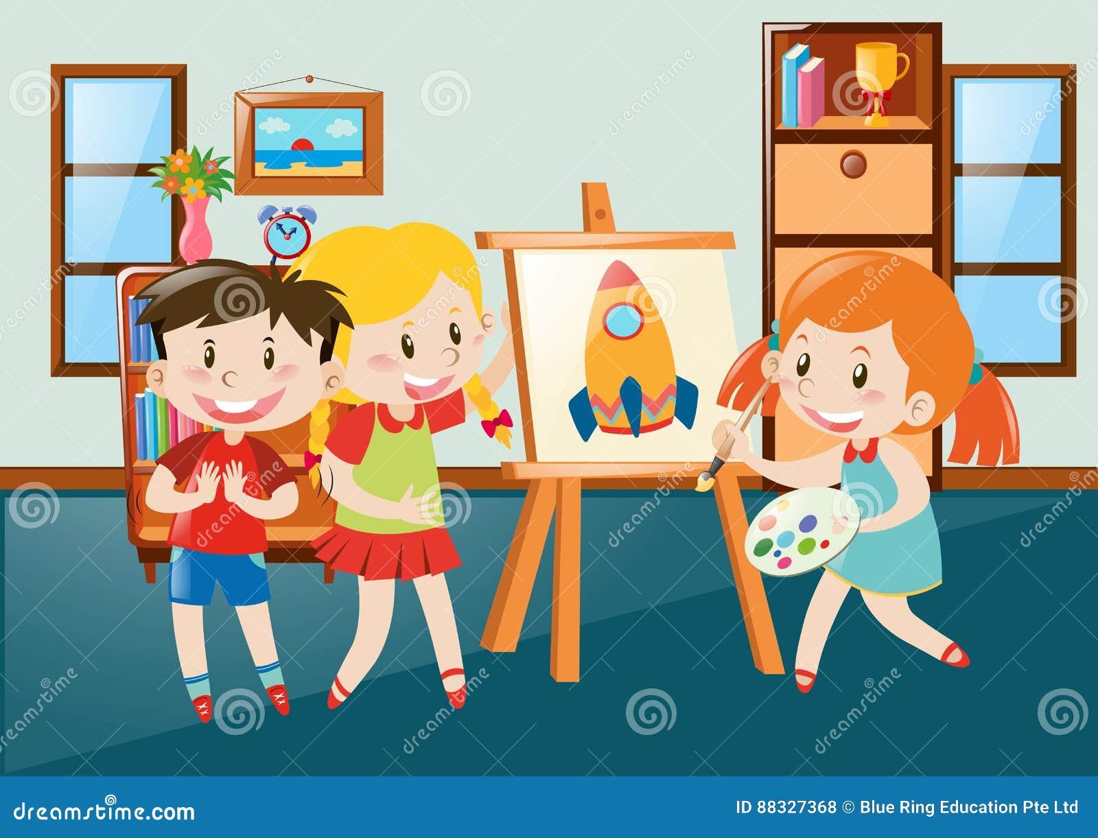 Children Drawing on Canvas in Classroom Stock Vector - Illustration of ...