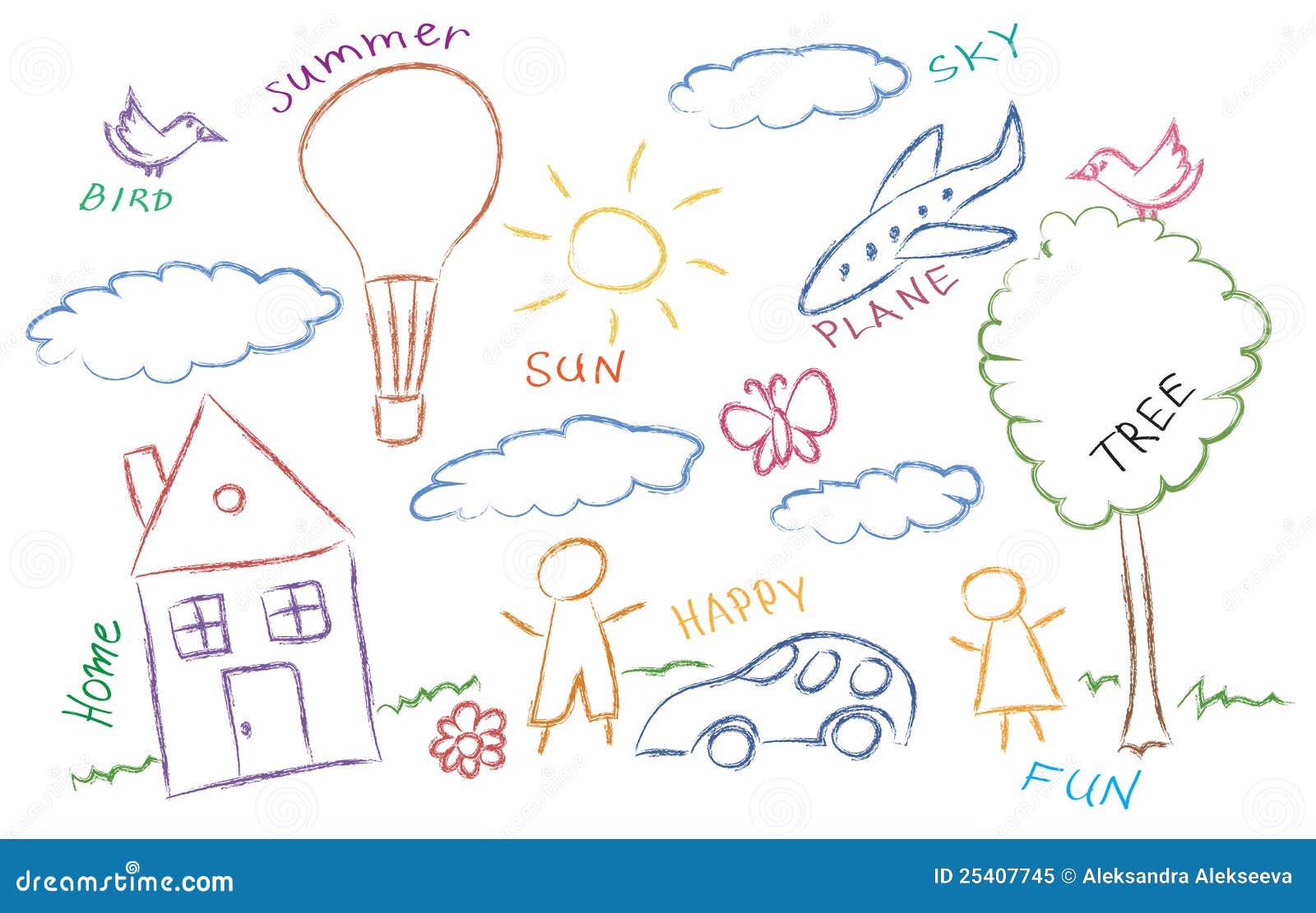 Multicolored Symbols Children Drawing Style Cartoon Vector ...