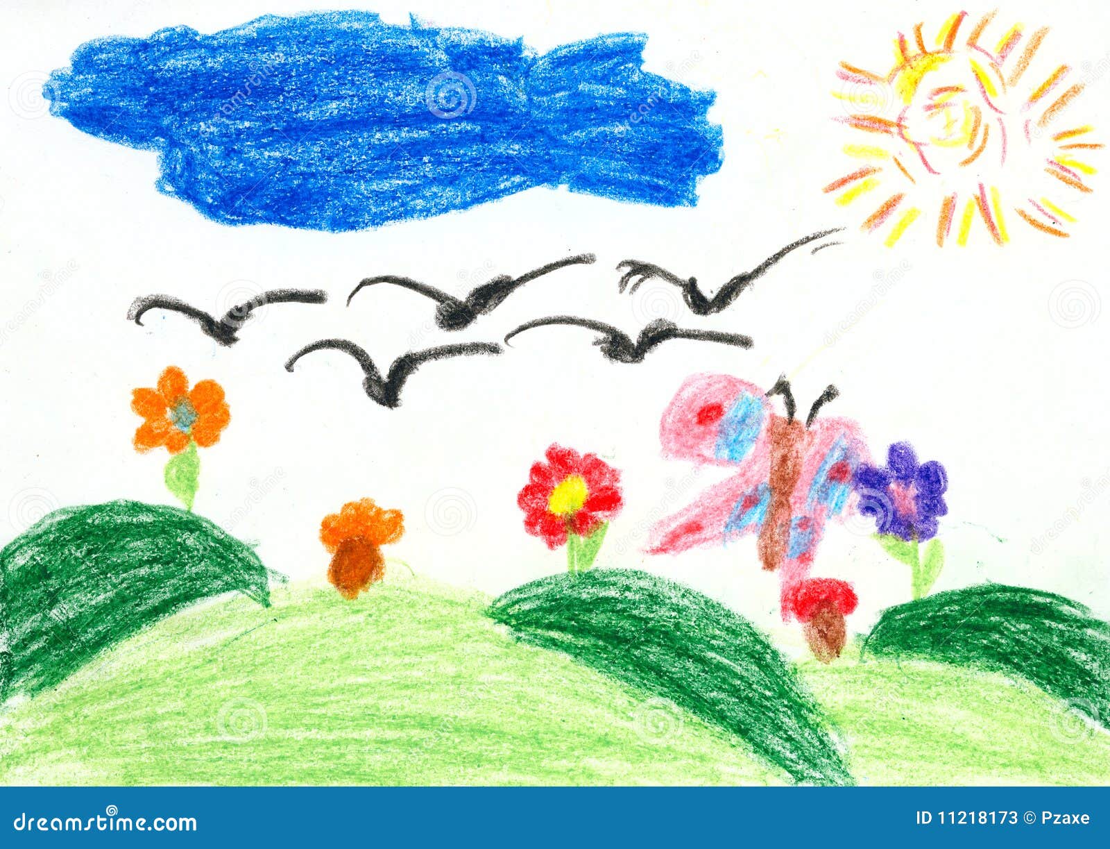 Children Drawing on Paper - Birds Fly on the South Stock Illustration ...