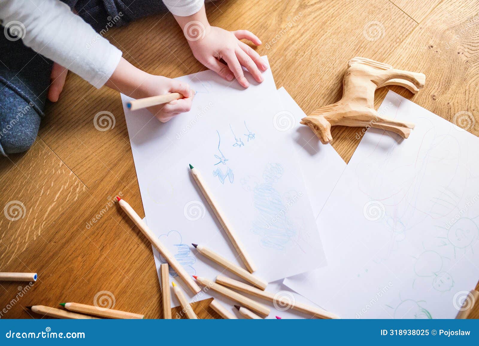 Children Drawing on Paper with Crayons. Stock Image - Image of focus ...