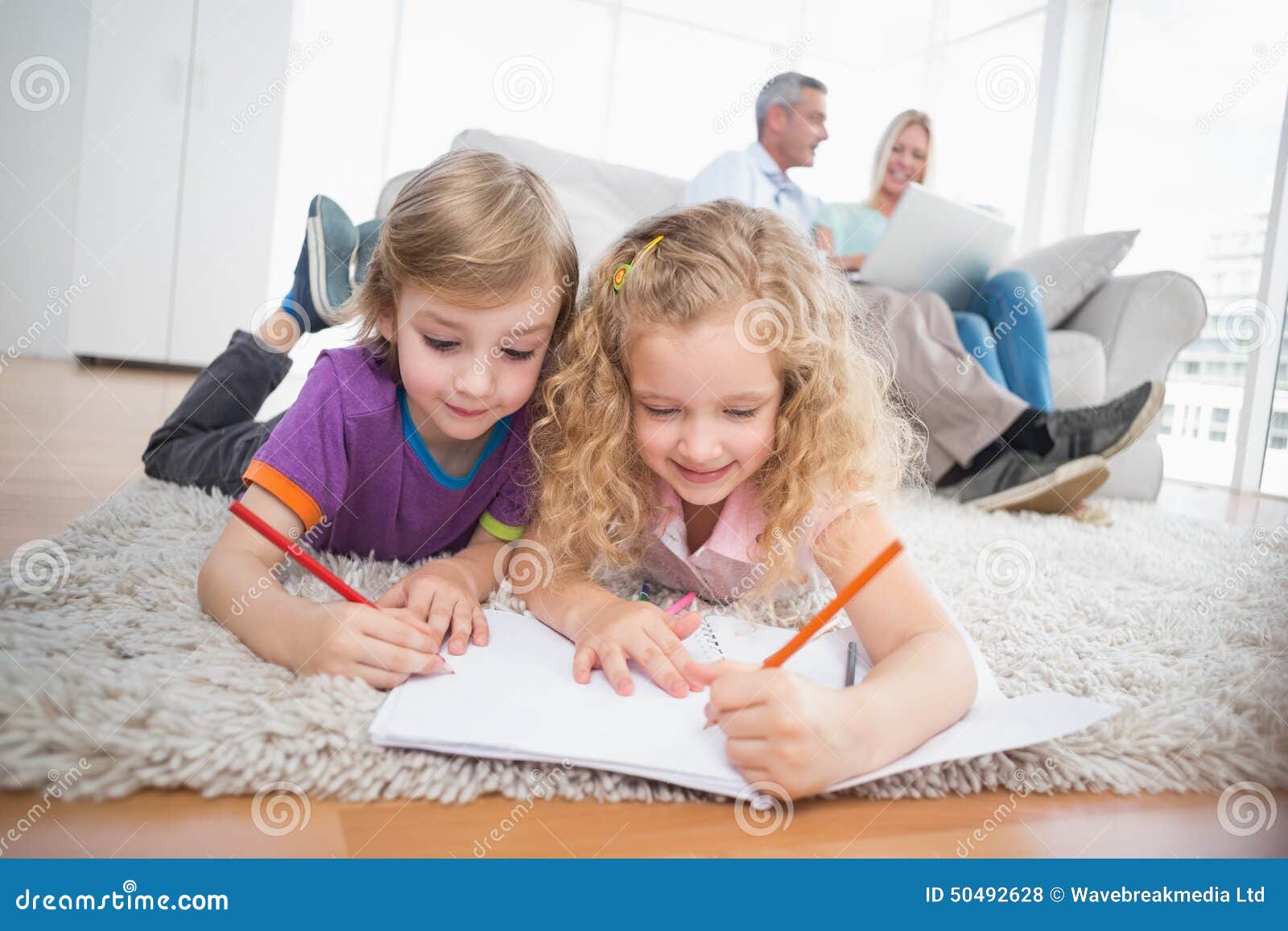 Children Drawing on Papers at Home Stock Photo - Image of domestic ...