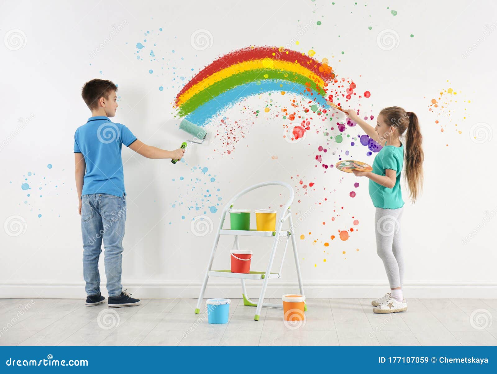 Children Drawing Rainbow on White Wall Stock Image - Image of draw ...