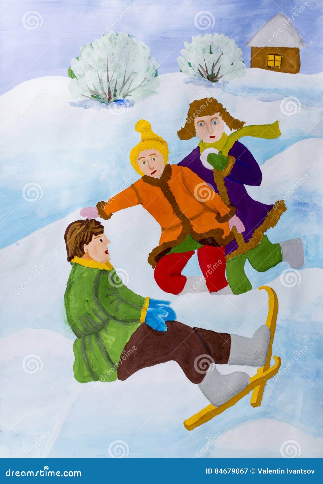 Children drawing `Skiing` stock illustration. Illustration of house ...