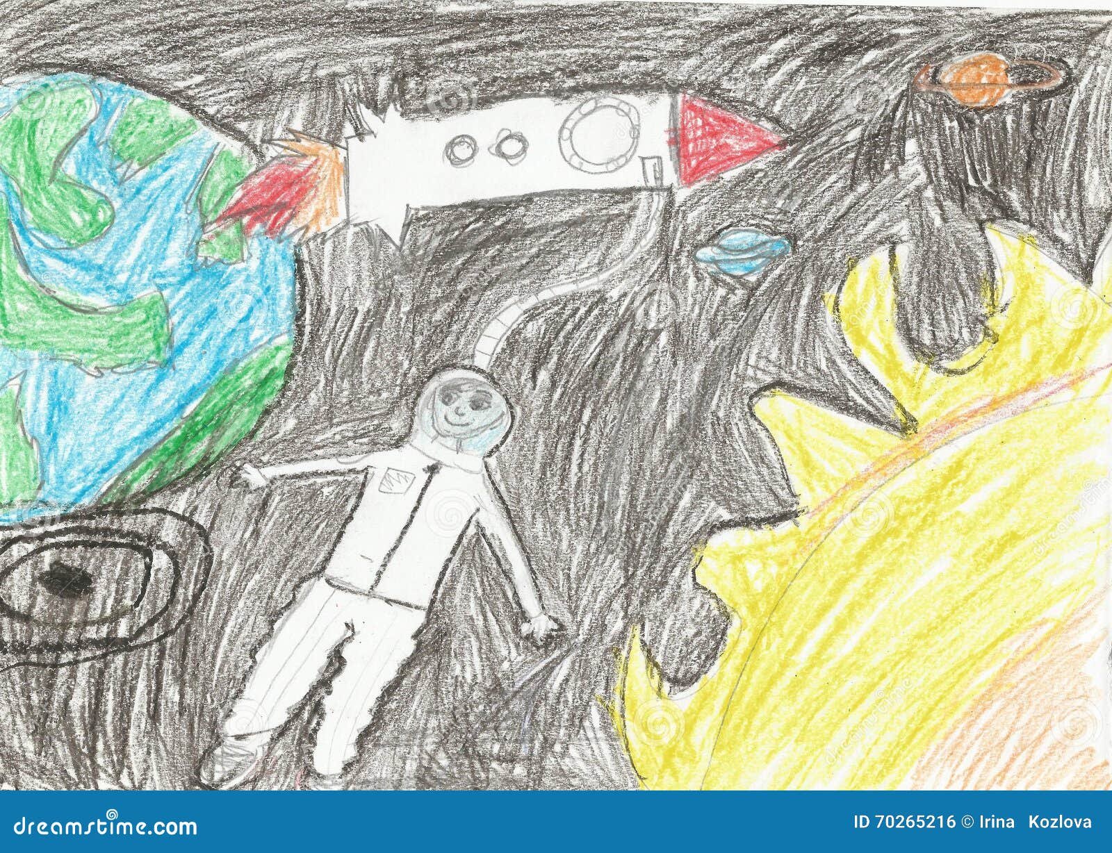 Children Drawing Space Planet Rocket Stock Illustration - Illustration ...