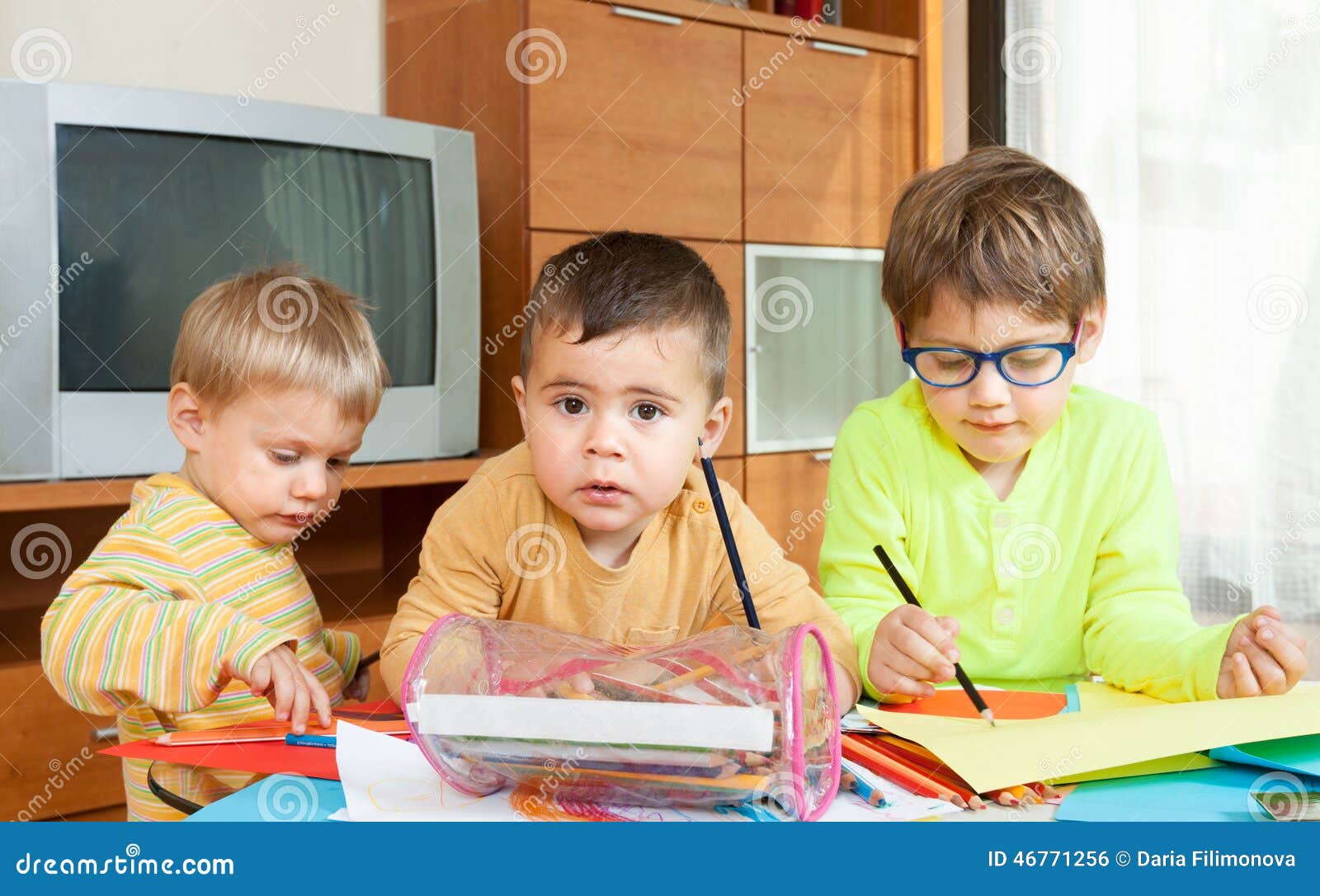 Children drawing at table. stock photo. Image of artist - 46771256