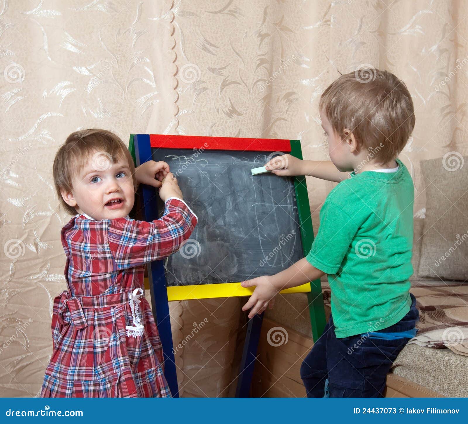 Children Draws on Blackboard with Chalk Stock Image - Image of ...
