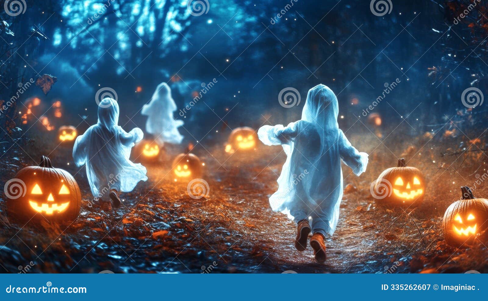 Children Dressed As Ghosts Running through a Forest at Night with Jack ...