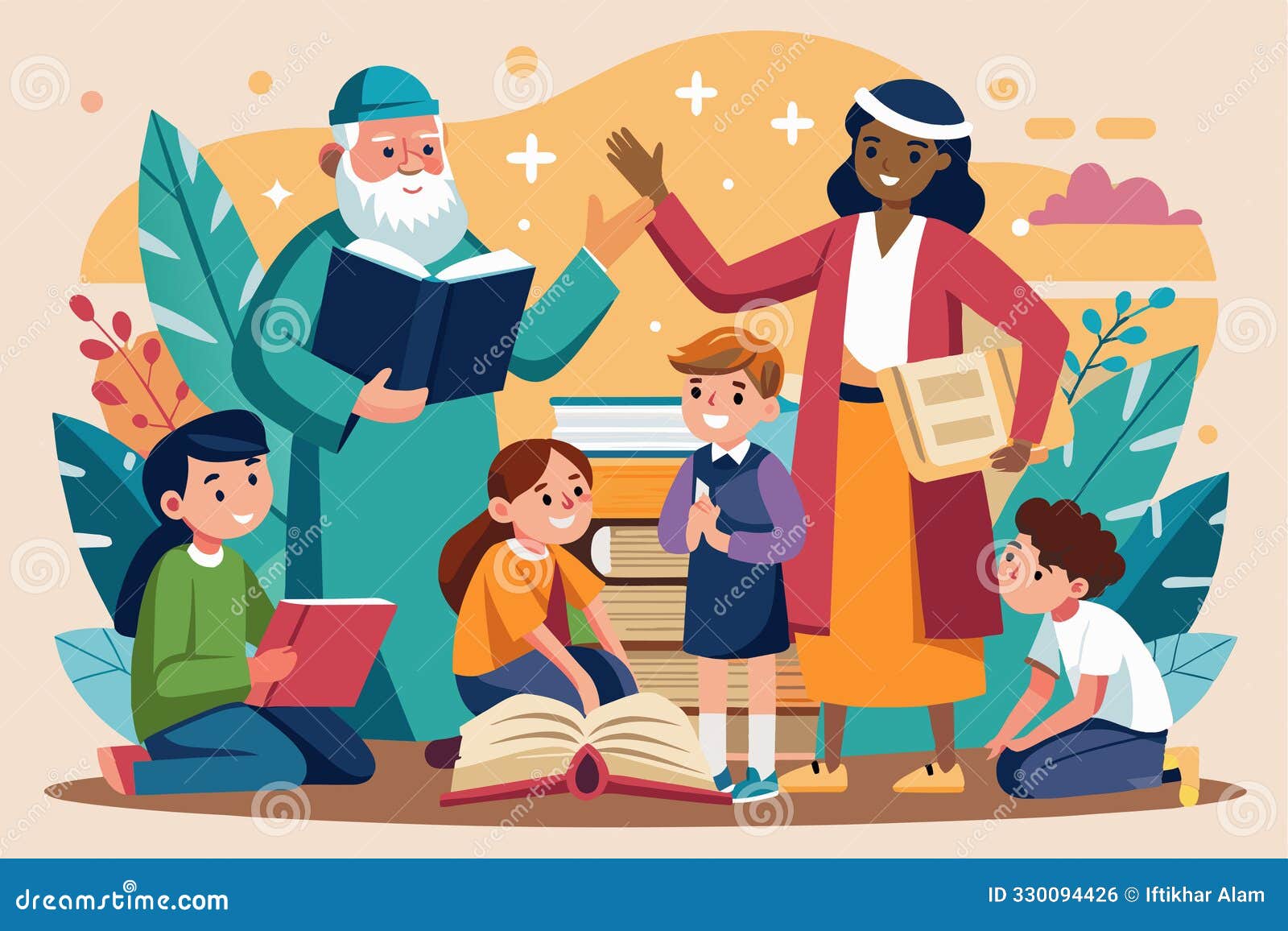 Children Eagerly Learn from a Wise Teacher Amidst Books and Lush ...