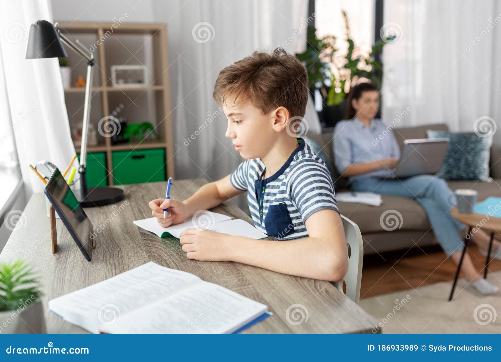 Student Boy with Tablet Computer Learning at Home Stock Image - Image ...