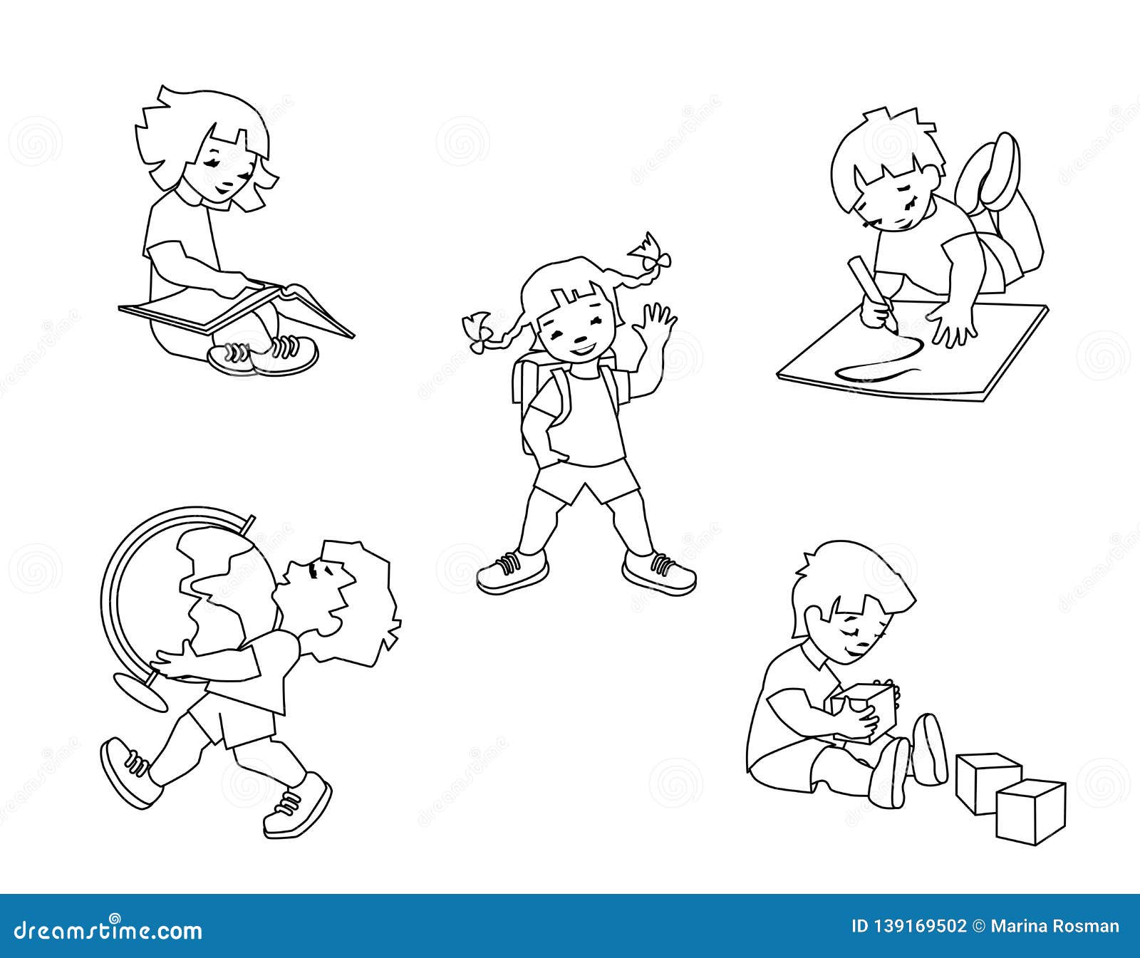 Children in Elementary School. Kids Drawing, Learning, Reading, Playing ...