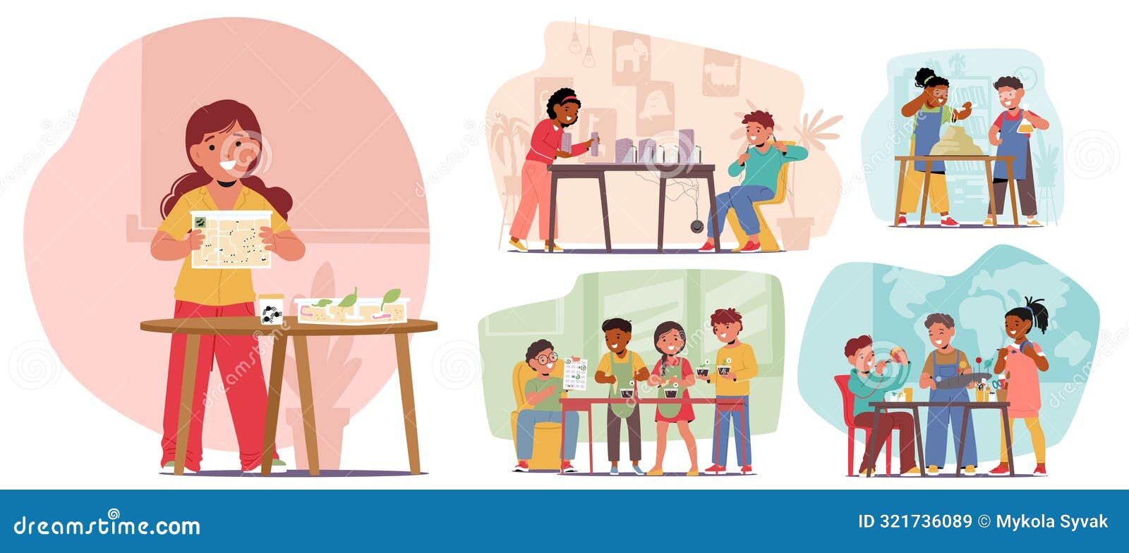 Children Engaged in Various School Projects Including Crafting, Science ...