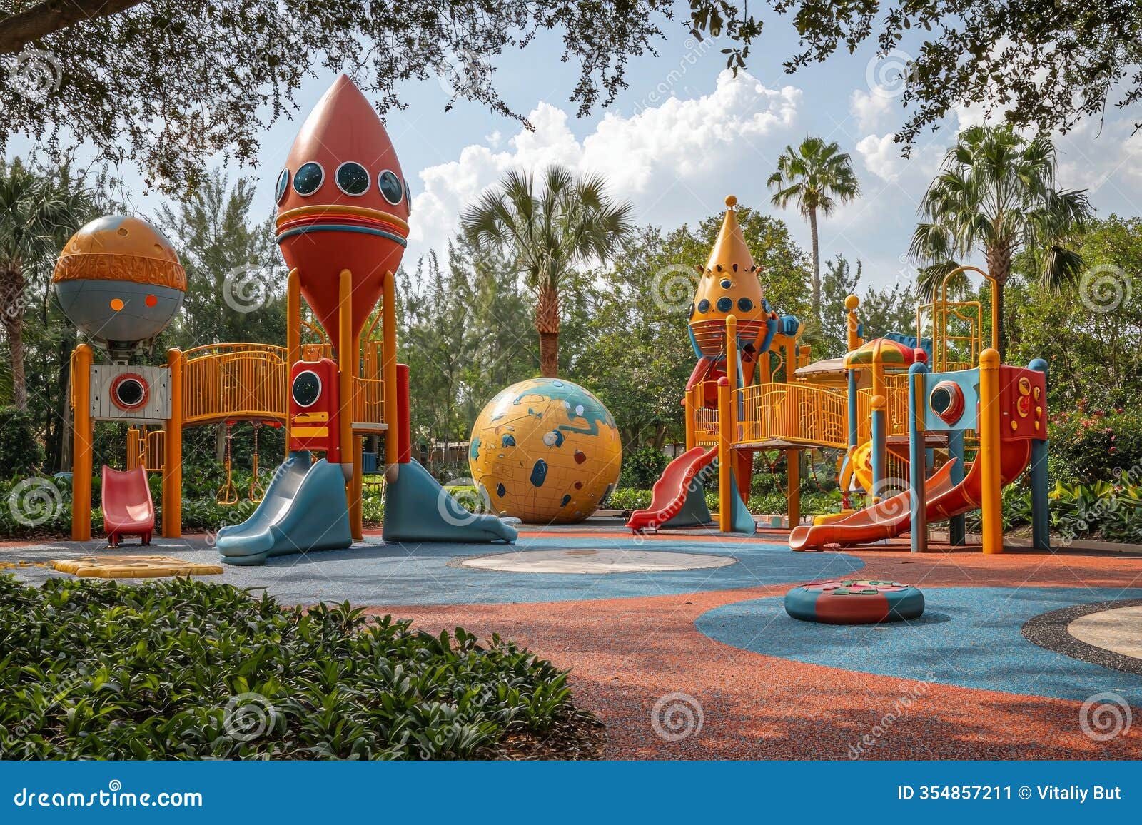 Children Enjoy Vibrant Playground Designed Rocket Ship Slides and ...