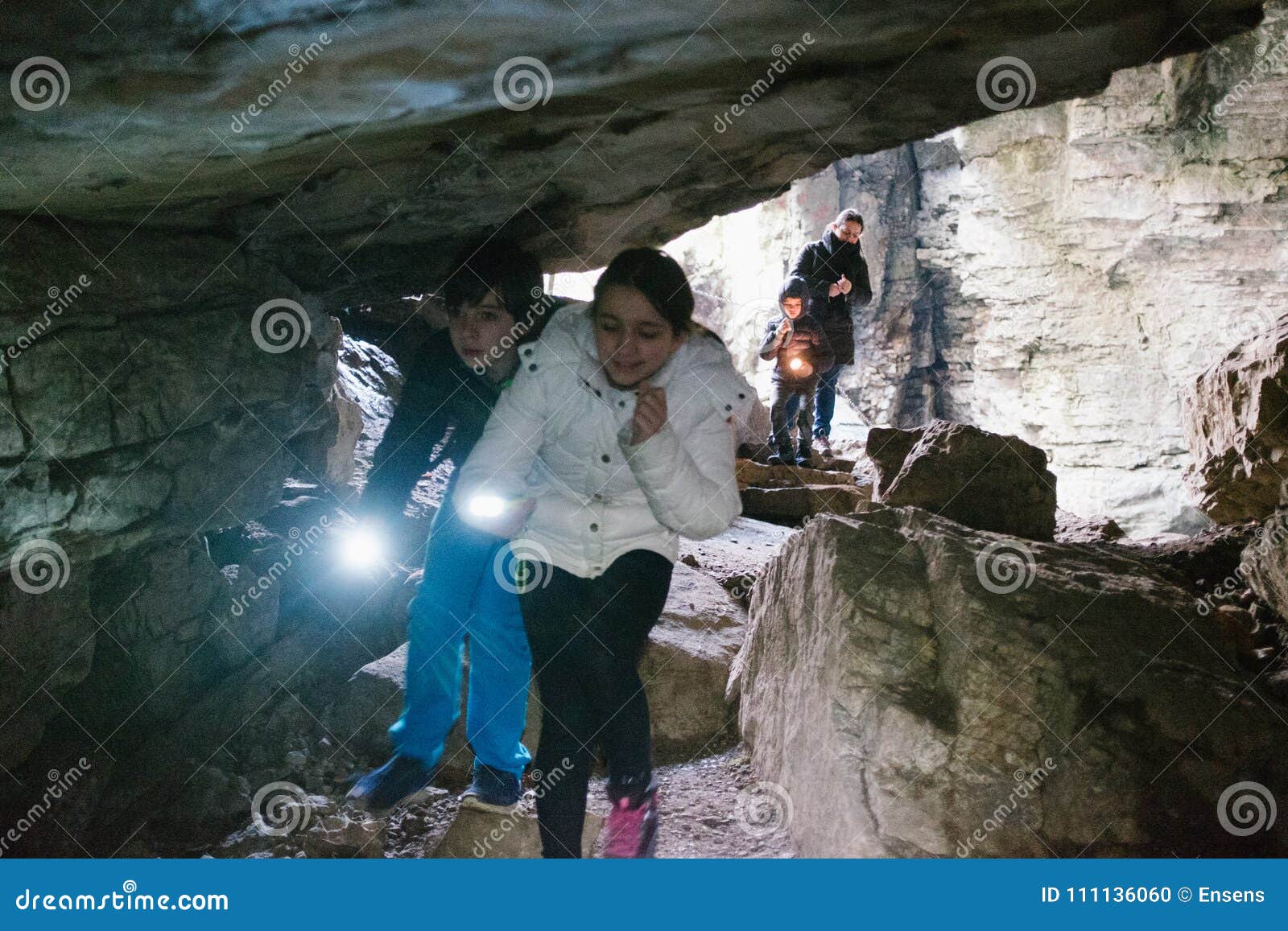 Children Explore Underground Caves, An Underground Karst Complex Stock ...