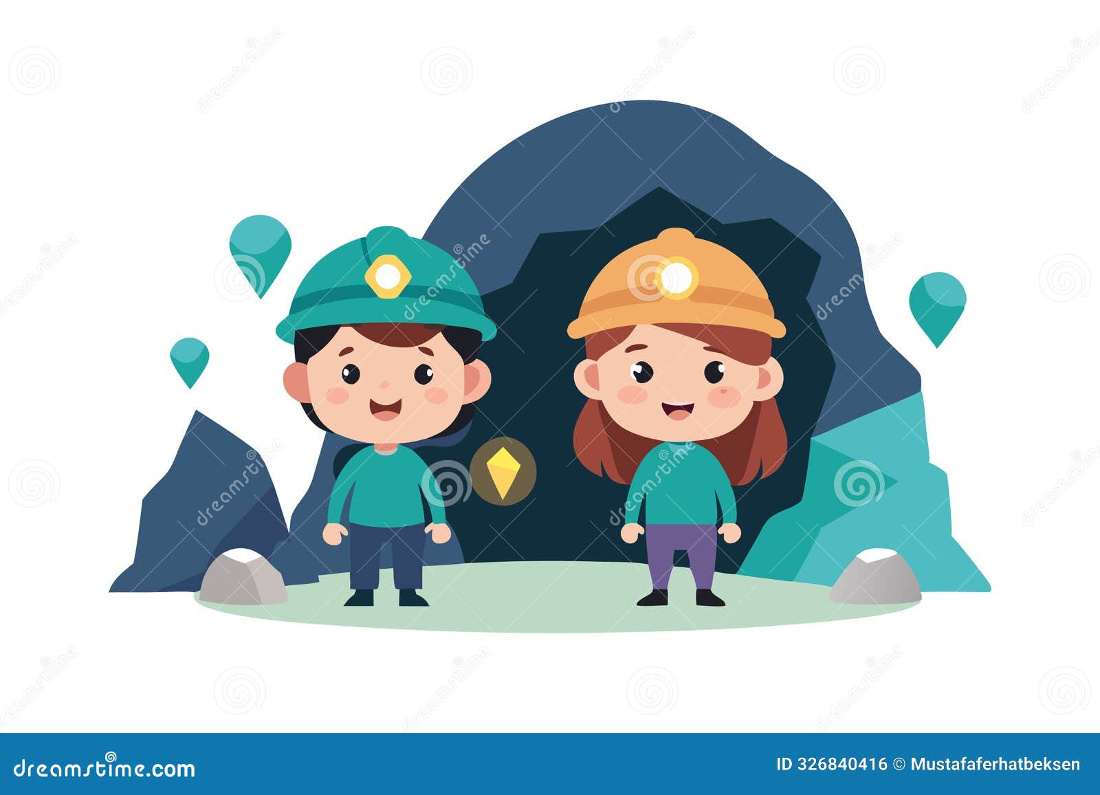 Children Exploring a Cave with Helmets Stock Illustration ...