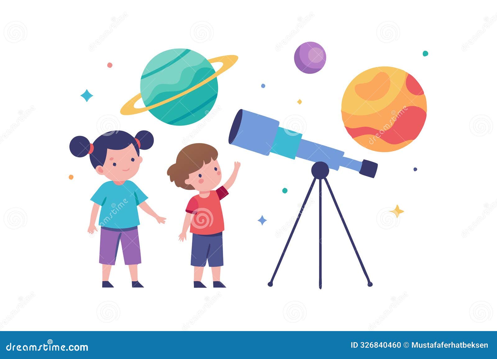 Children Exploring Planets and Stars with Telescope Stock Illustration ...