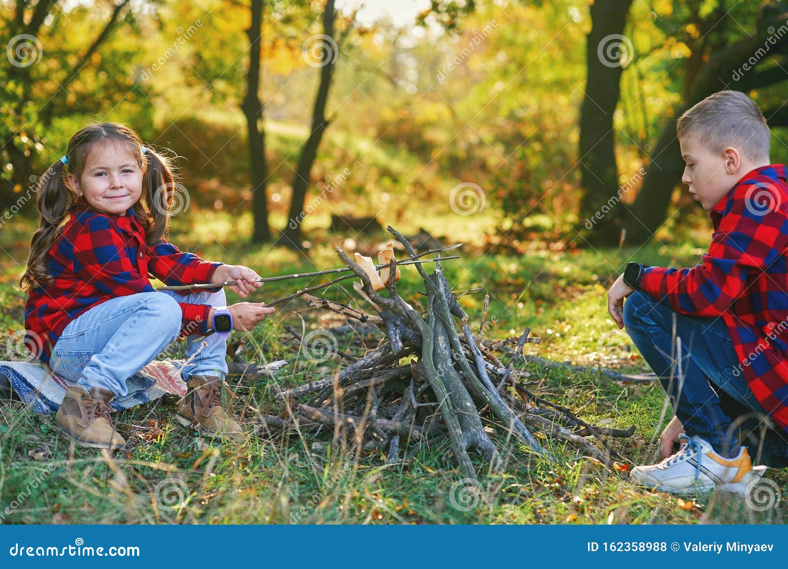 Children on a Fall Day Make a Fire in the Forest Stock Photo - Image of ...