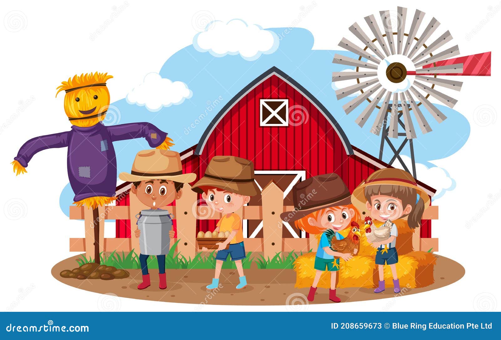Children in Farm Scene on White Background Stock Vector - Illustration ...