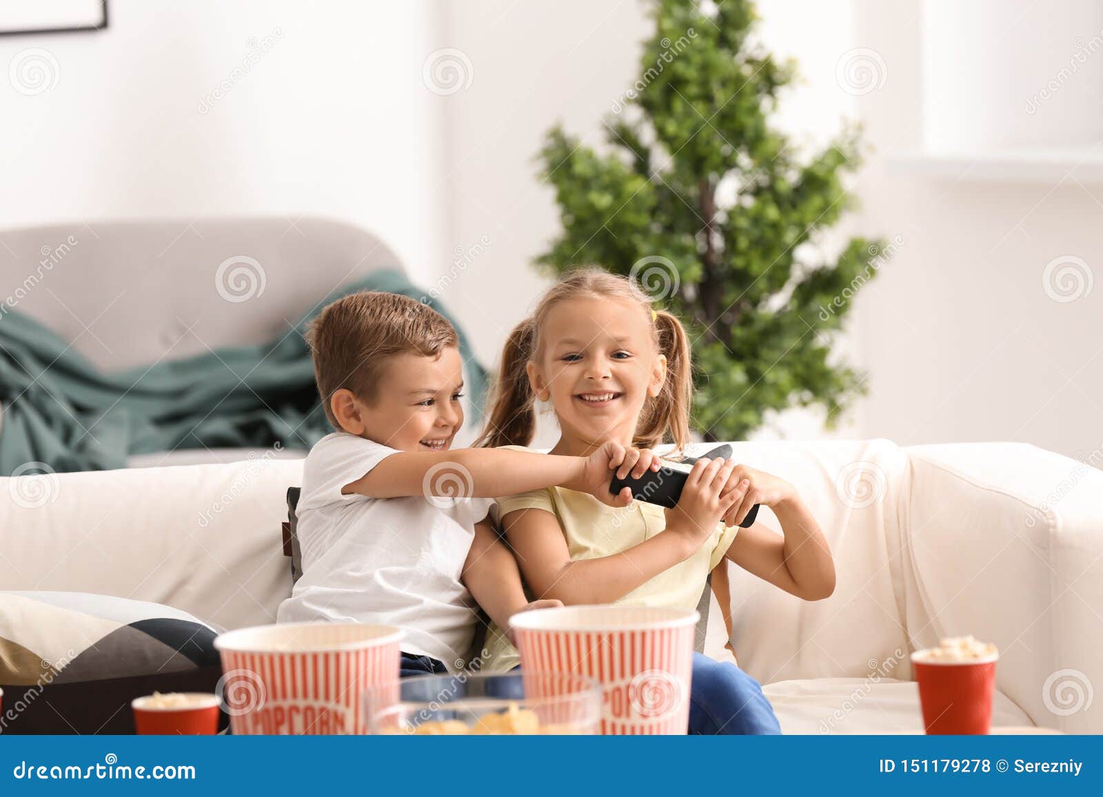 Children Fighting for Remote Control while Watching TV at Home Stock ...