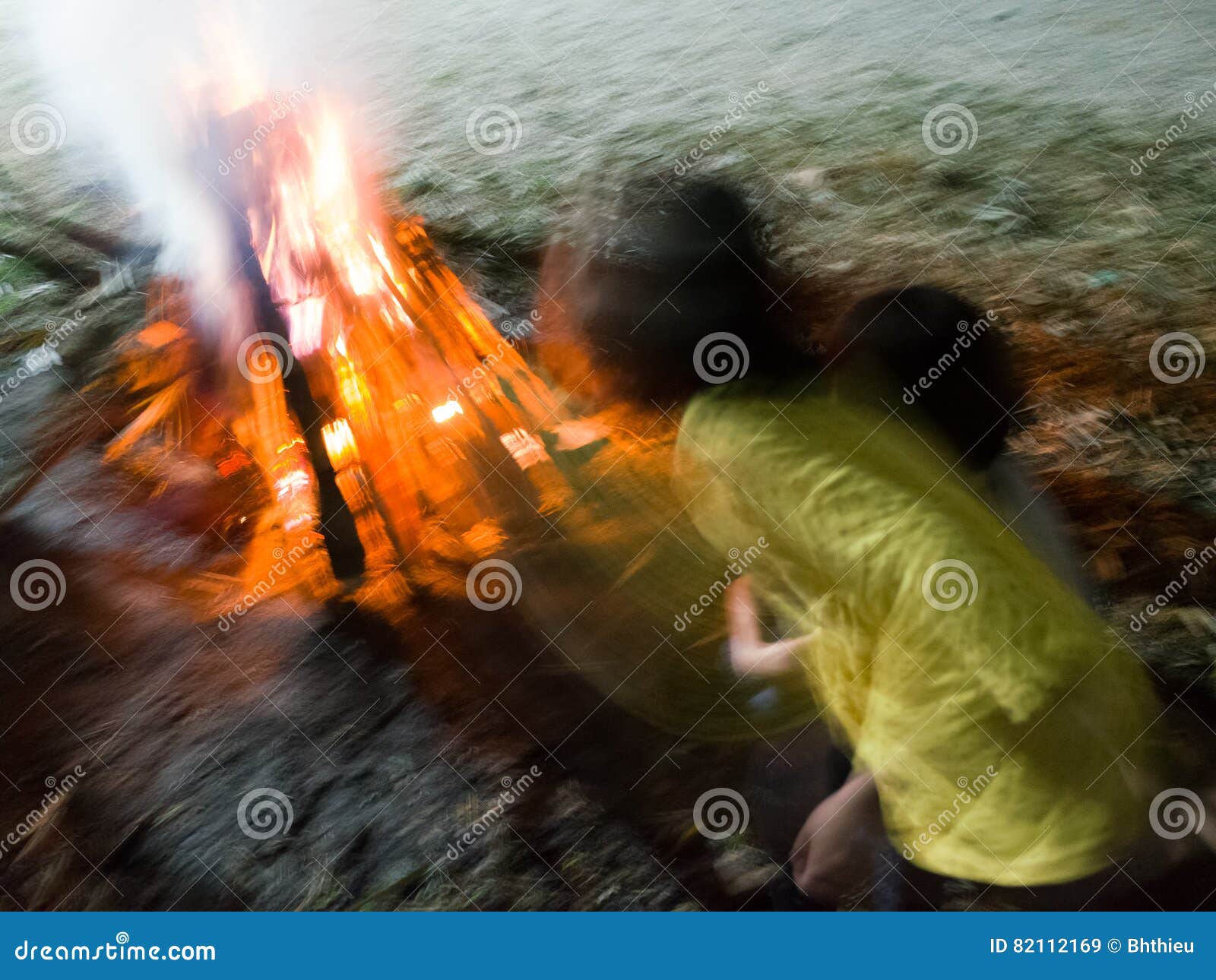 The Children with Fire Camping at Night Stock Image - Image of camping ...