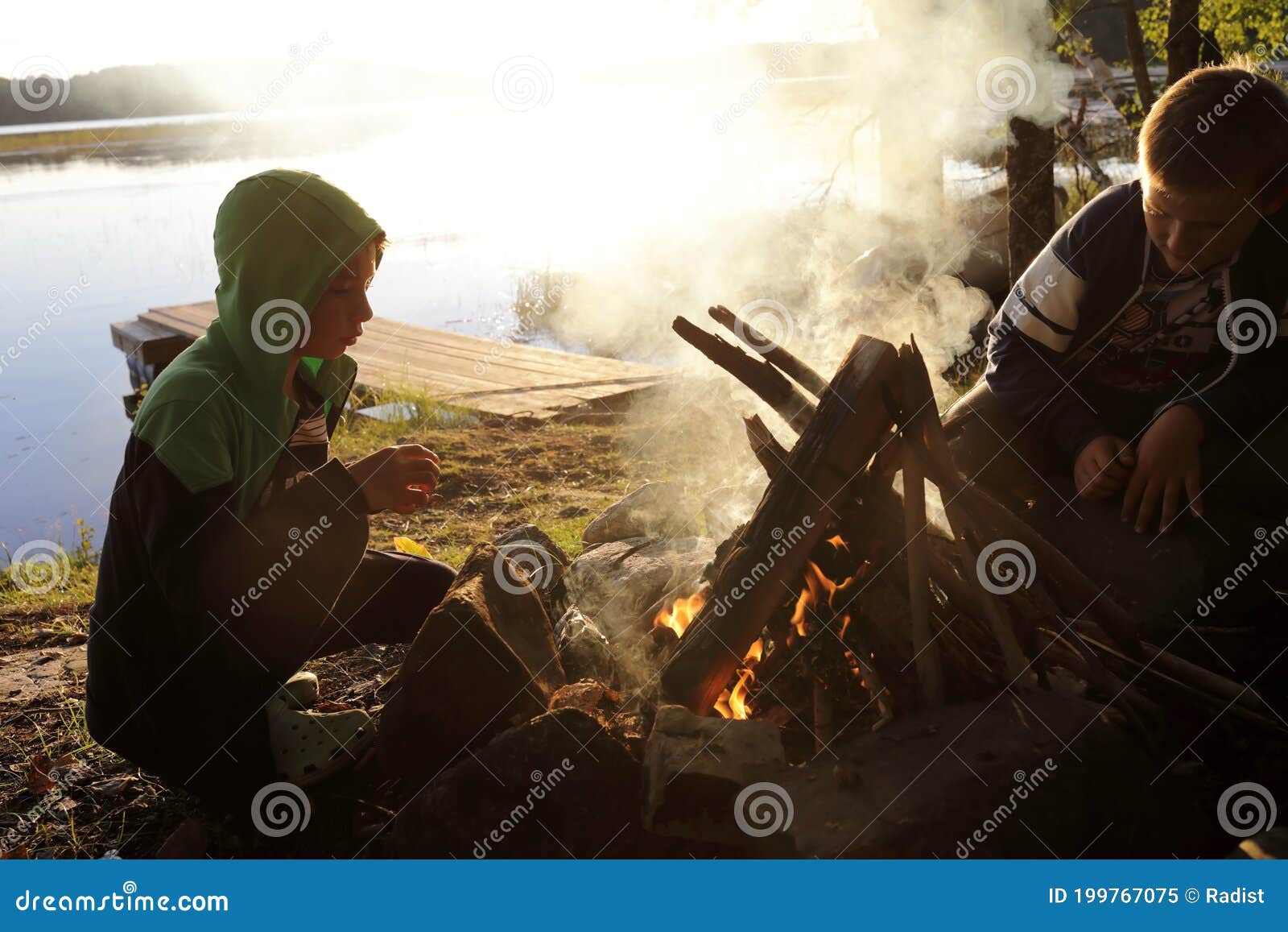 Children by fire in forest stock image. Image of children - 199767075