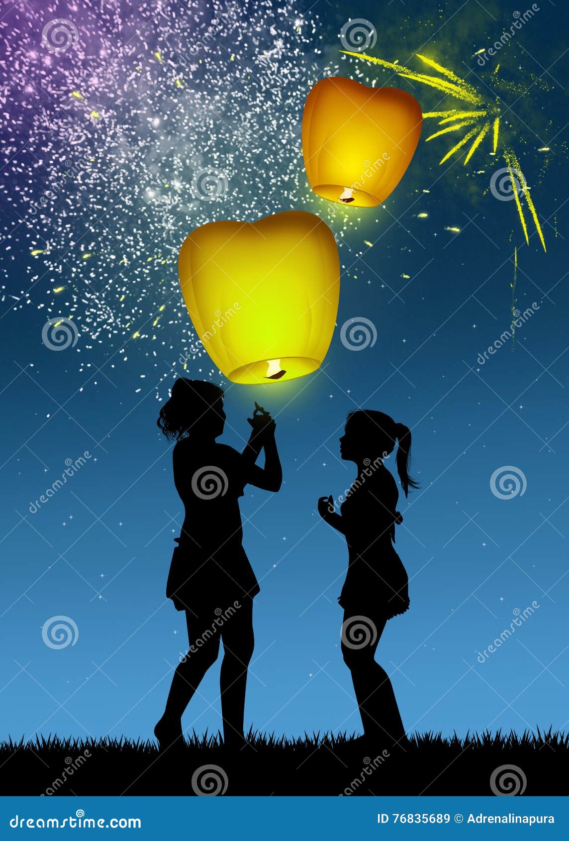 Children with Flying Lanterns Stock Illustration - Illustration of ...
