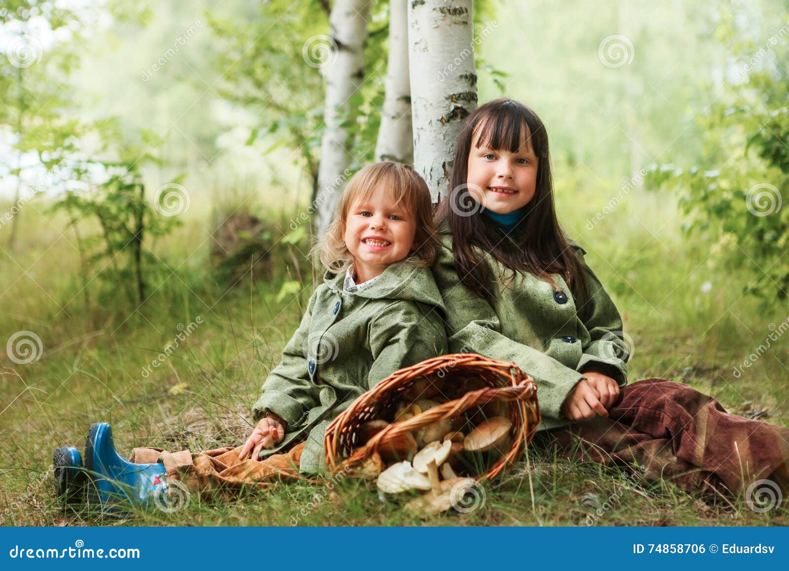 Children in forest. stock photo. Image of trees, happy - 74858706