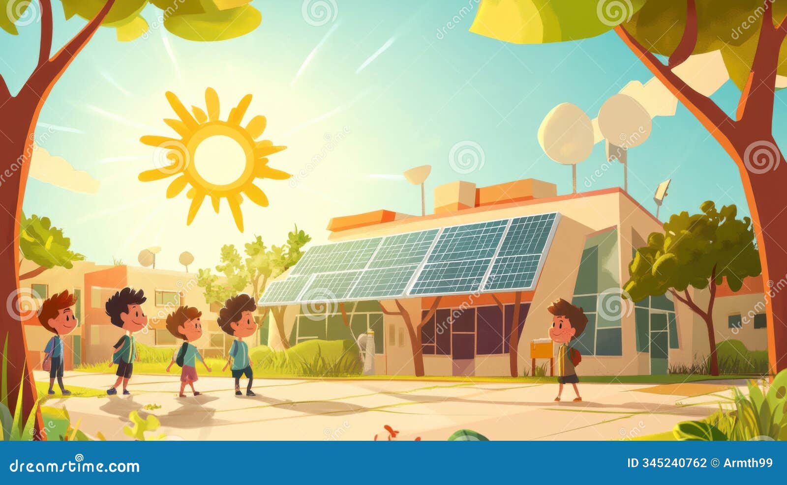 Children in Front of a School Building and Solar Panels. Vector ...