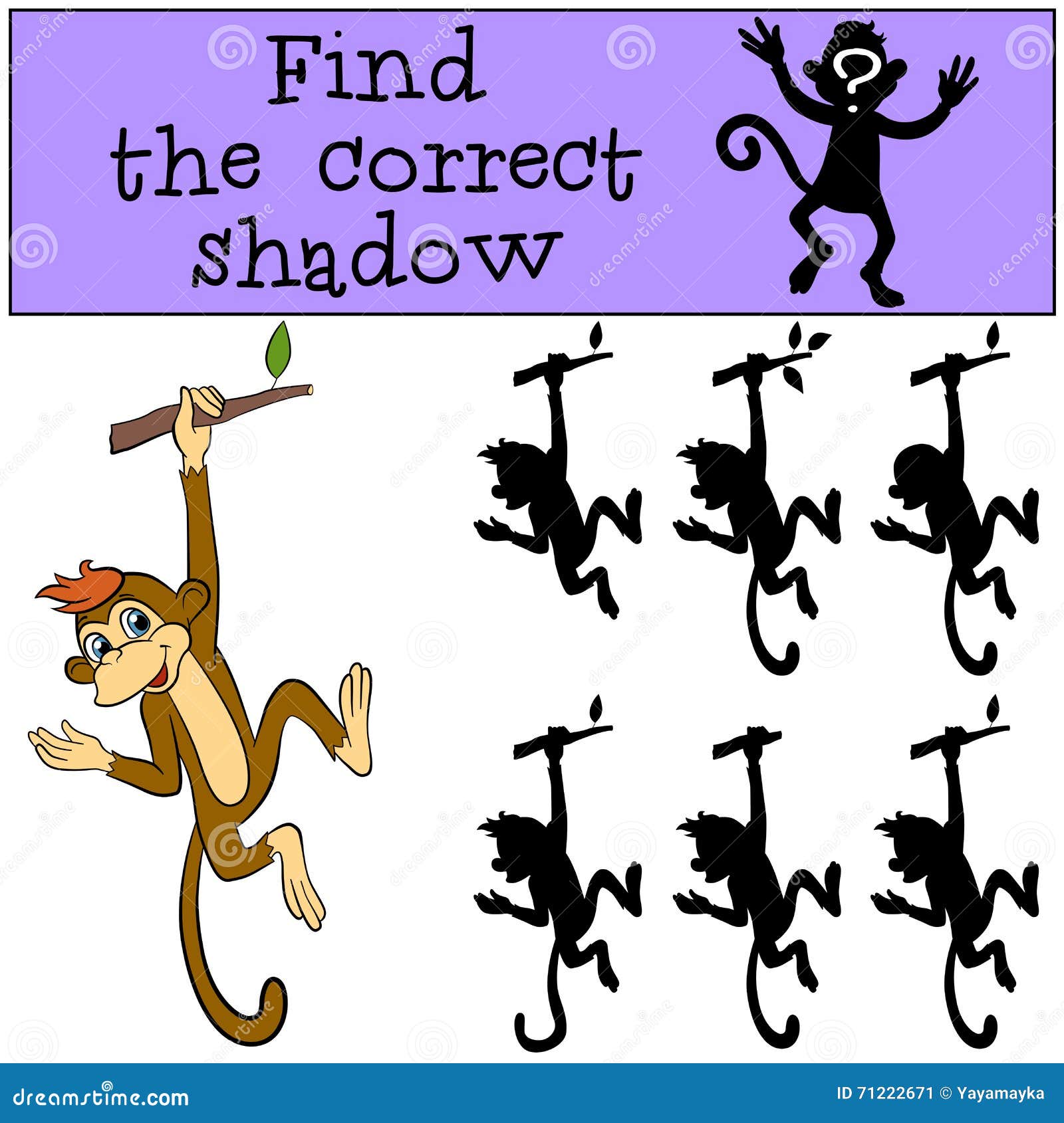Children Games: Find the Correct Shadow. Little Cute Monkey. Stock ...