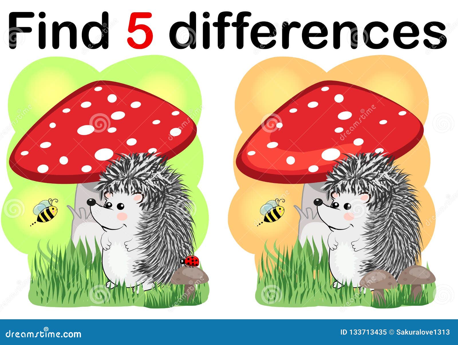 Children Games: Find Differences. Little Cute Hedgehog with Mushrooms ...