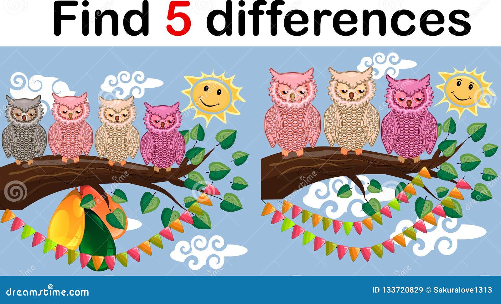 Children Games: Find Differences. Little Cute Owl Sits on the Tree ...