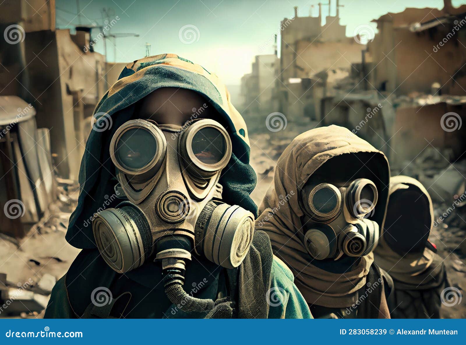 Children in Gas Masks, Postapocalypse after Nuclear War. Stock ...