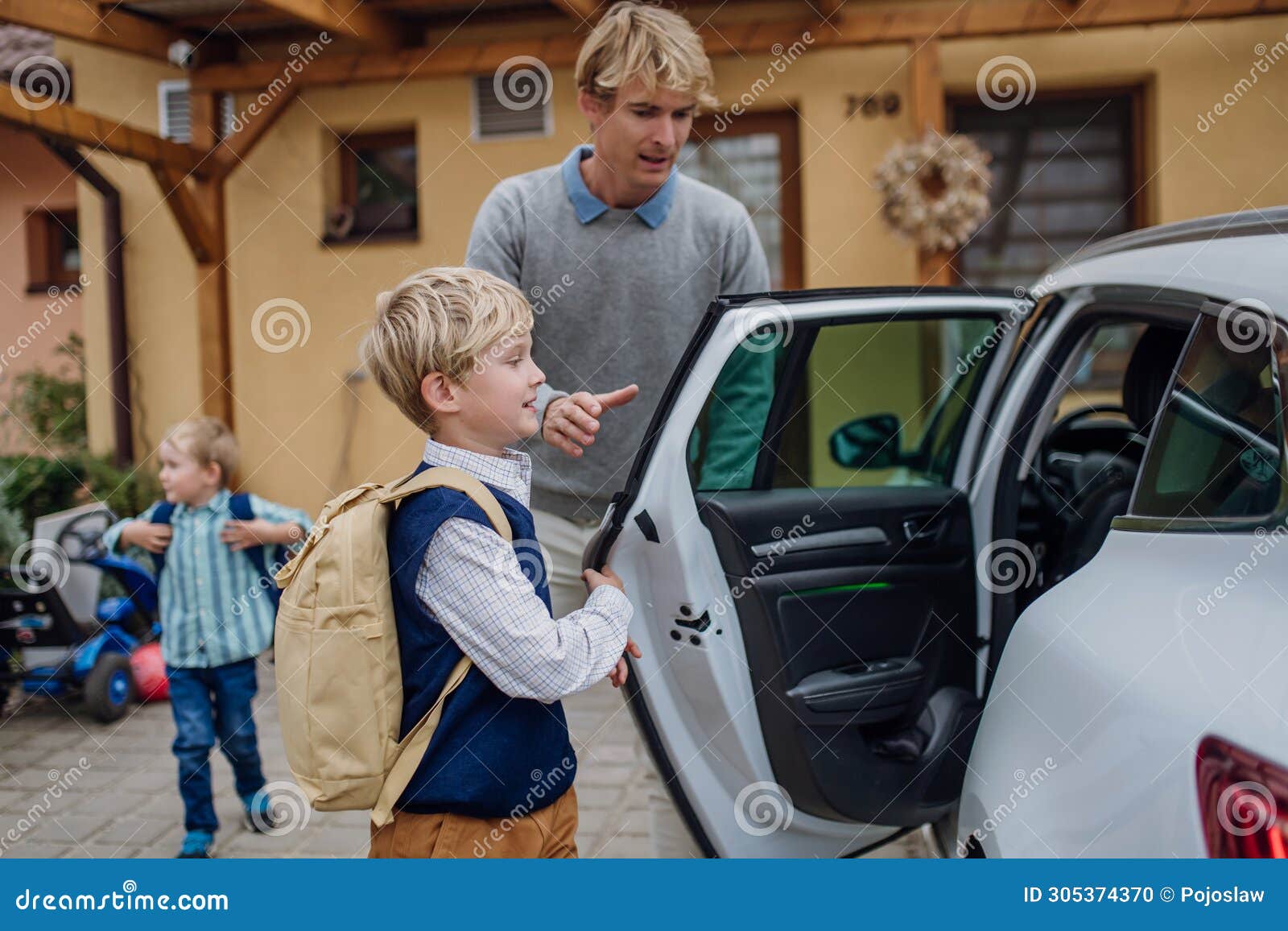 Children Getting into the Car, Father Taking Them To School and ...
