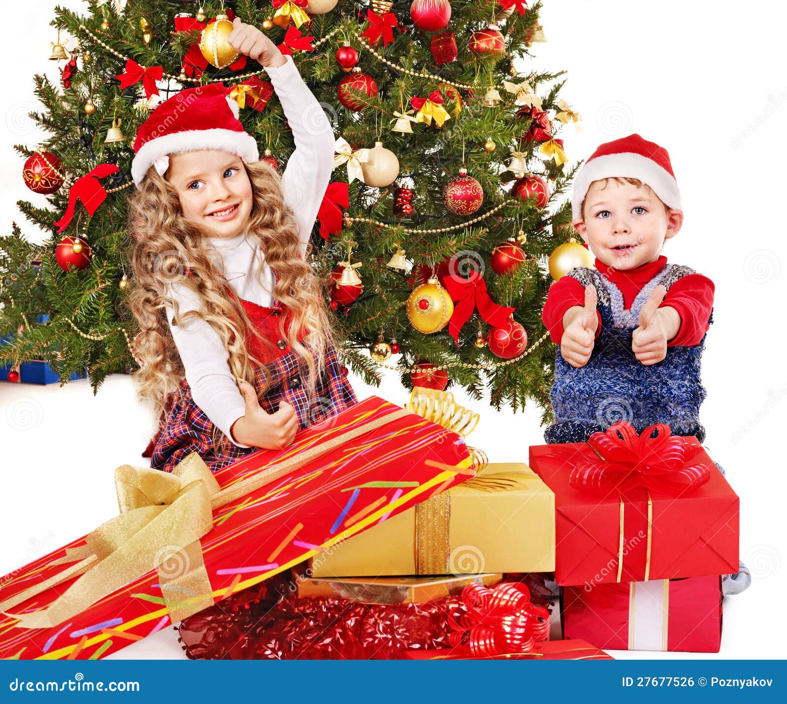 Children with Gift Box Near Christmas Tree. Stock Photo - Image of ...