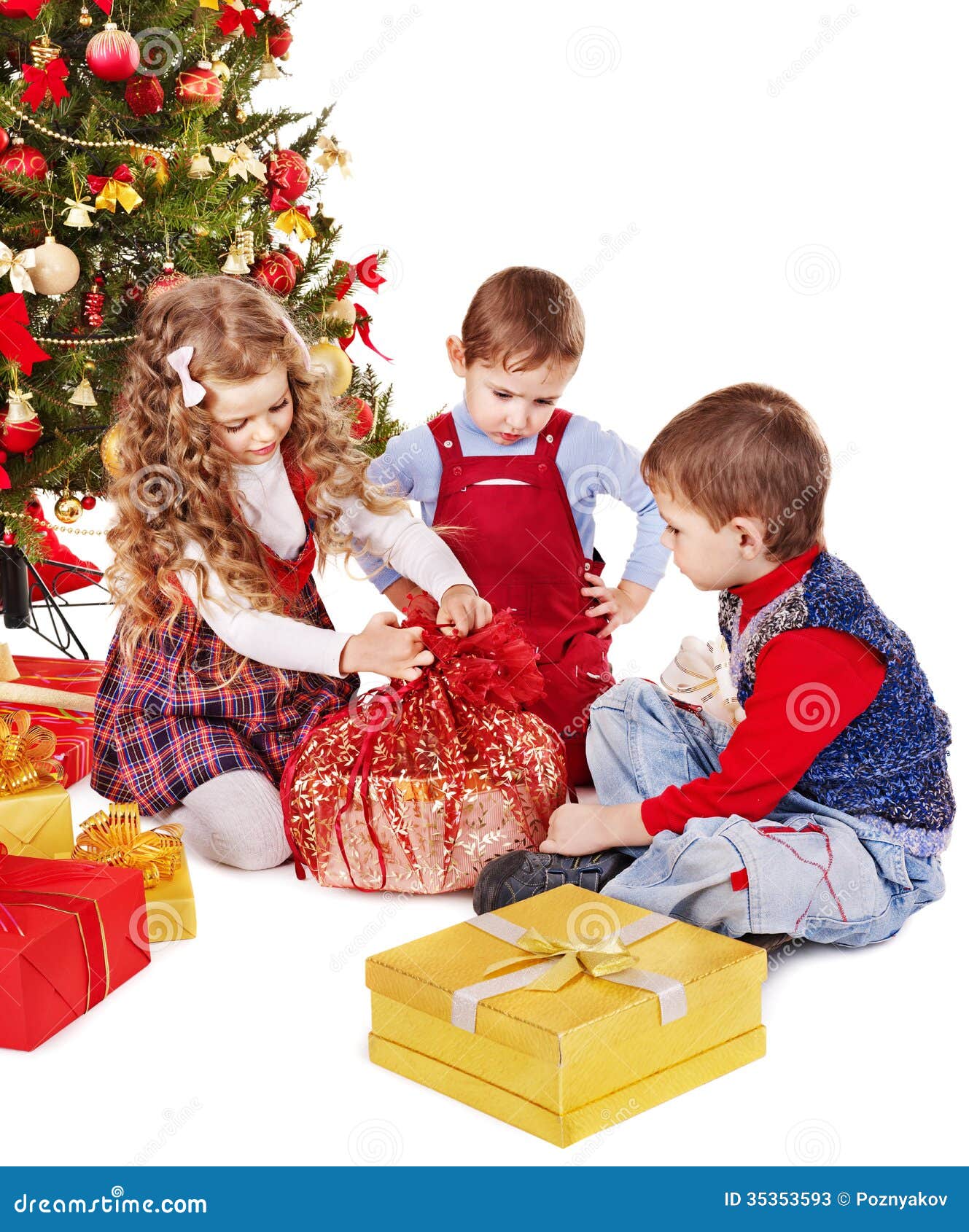 Children with Gift Box Near Christmas Tree. Stock Image - Image of ...