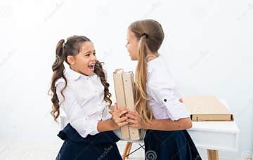 Children Girls on Desk. Ready for School Lesson. Two Girls in School ...