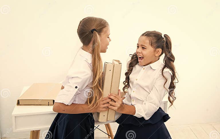 Children Girls on Desk. Ready for School Lesson. Two Girls in School ...