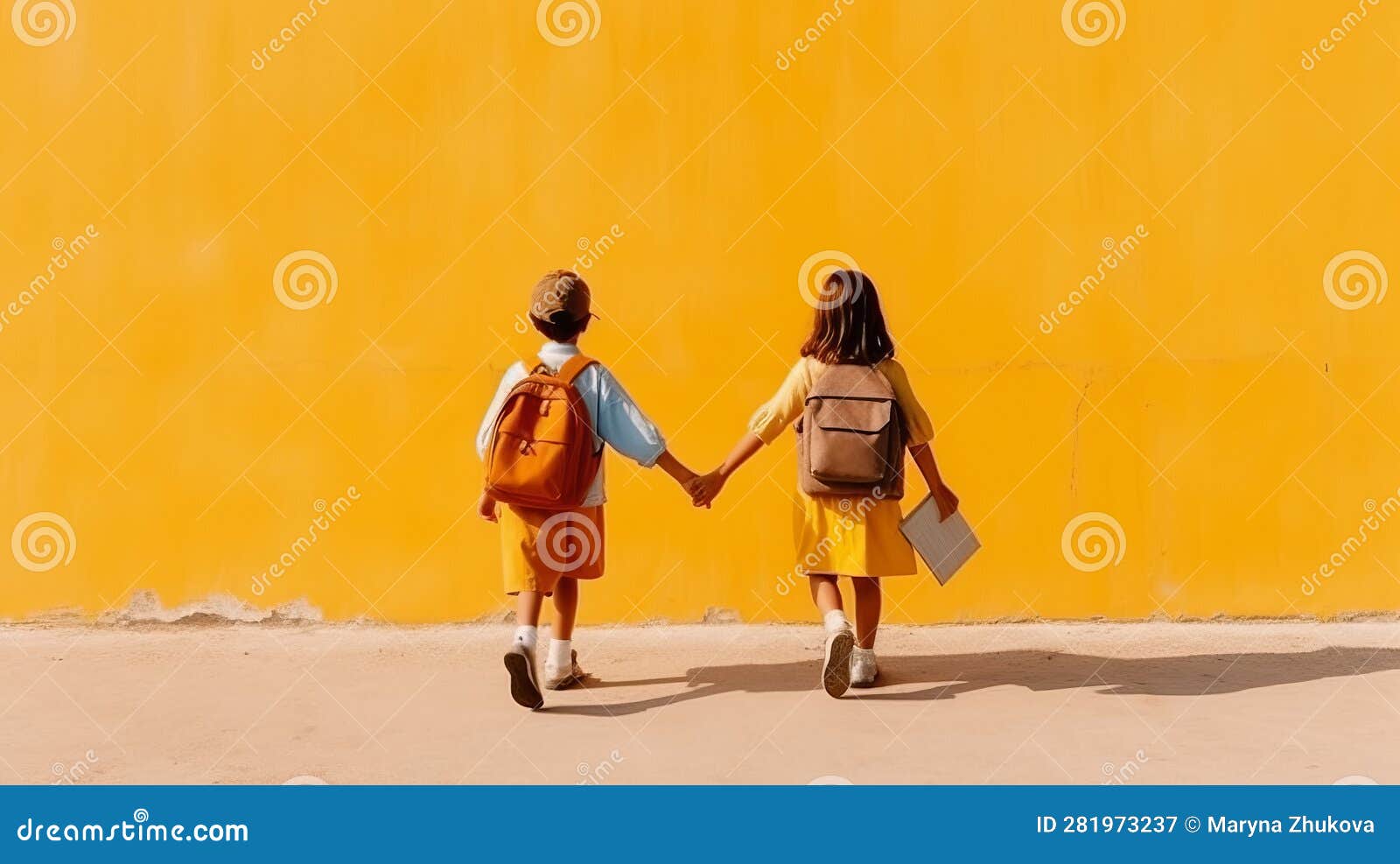 Children Go Hand in Hand with School Backpacks and a Knapsack. Walk To ...