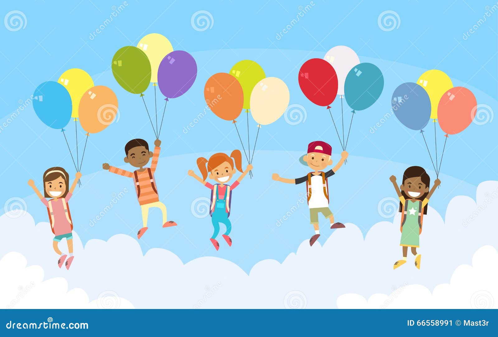 Children Group Fly Sky Hold Balloons Stock Vector - Illustration of ...