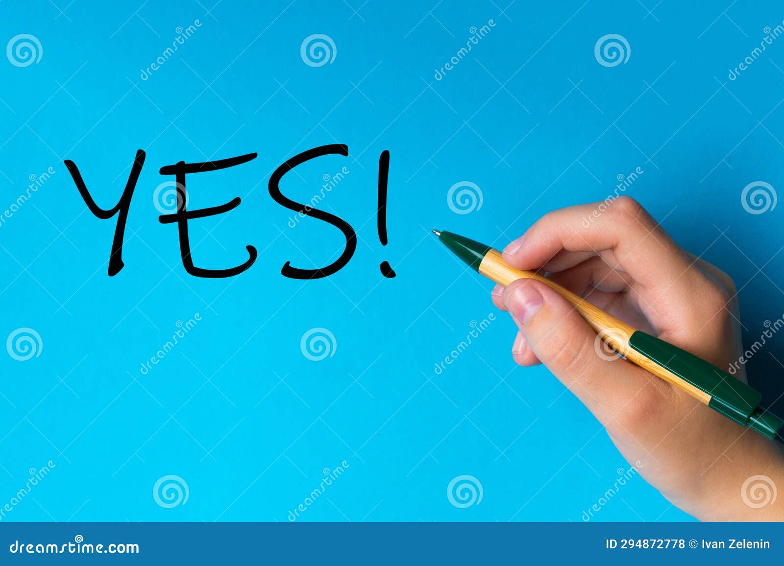 Children Hand with Pen Write on an Blue White Background. Writing Hand ...