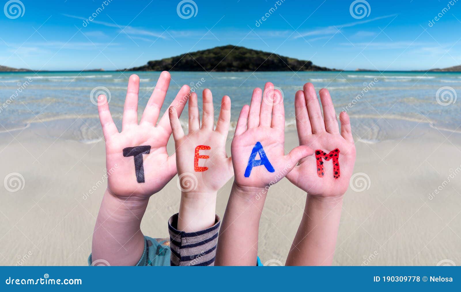 Children Hands Building Word Team, Ocean Background Stock Photo - Image ... Children Hands Building Word Team, Ocean Background Stock Photo - Image ...