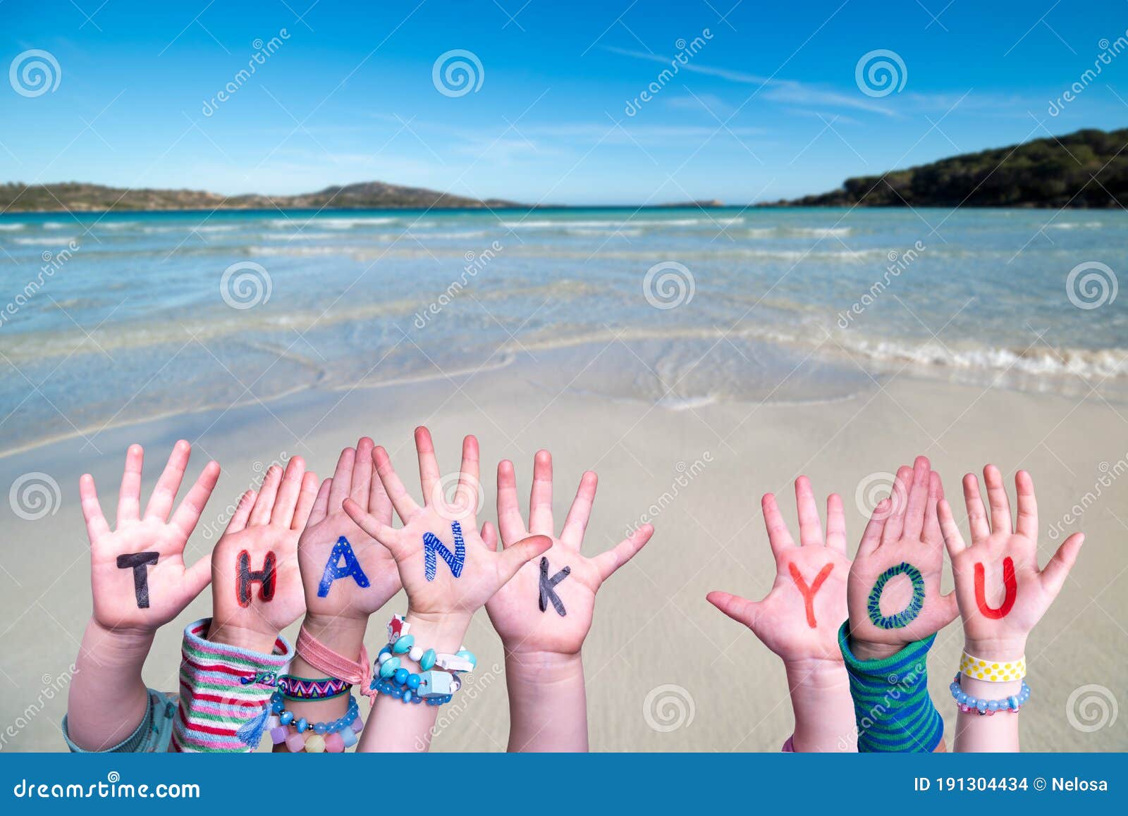 Children Hands Building Word Thank You, Ocean Background Stock Photo ... Children Hands Building Word Thank You, Ocean Background Stock Photo ...