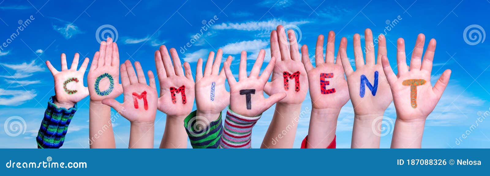 Children Hands Building Word Commitment, Blue Sky Stock Photo - Image ...