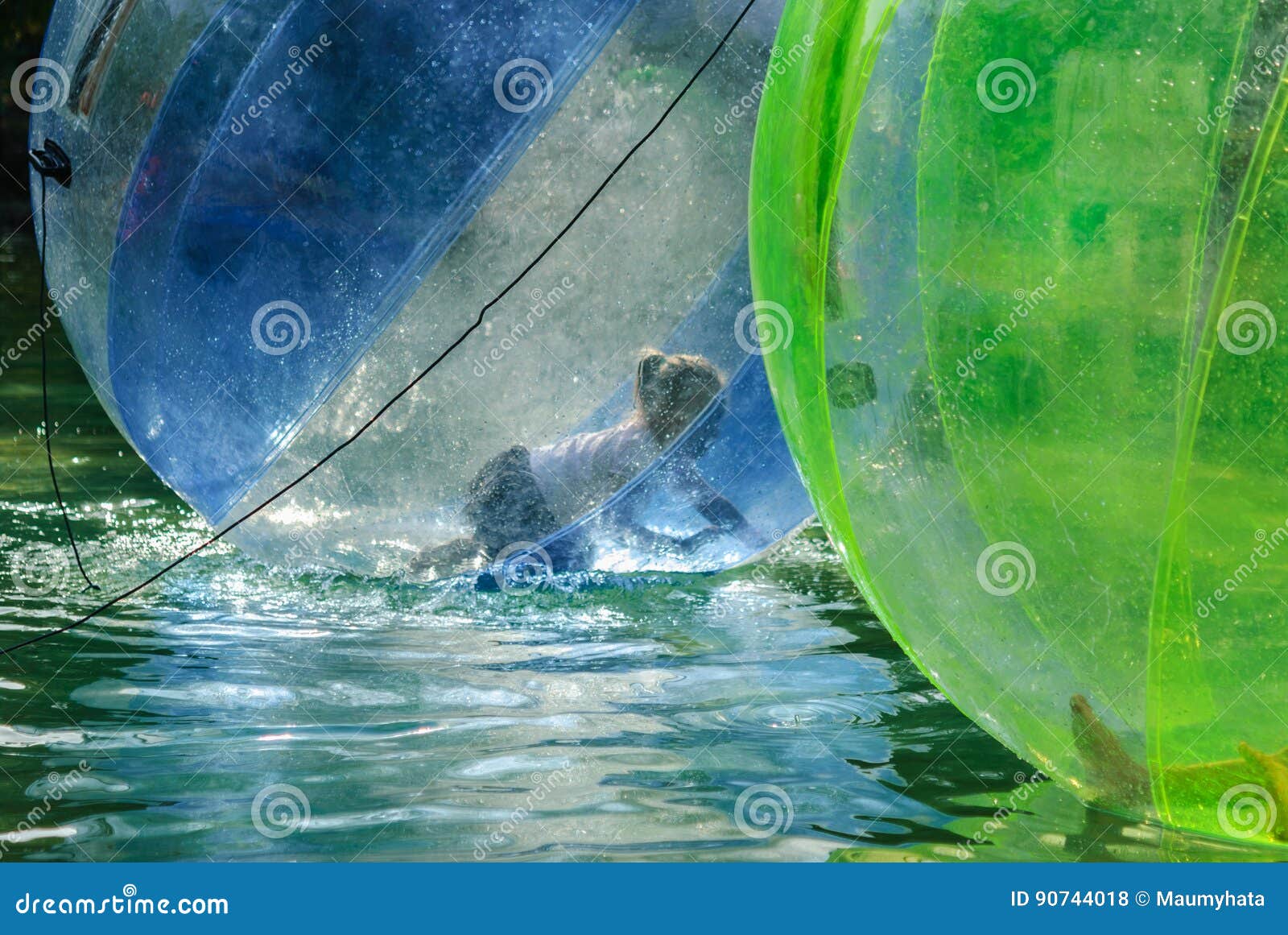 Children Have Fun Inside Plastic Balloons on the Water. Stock Photo ...