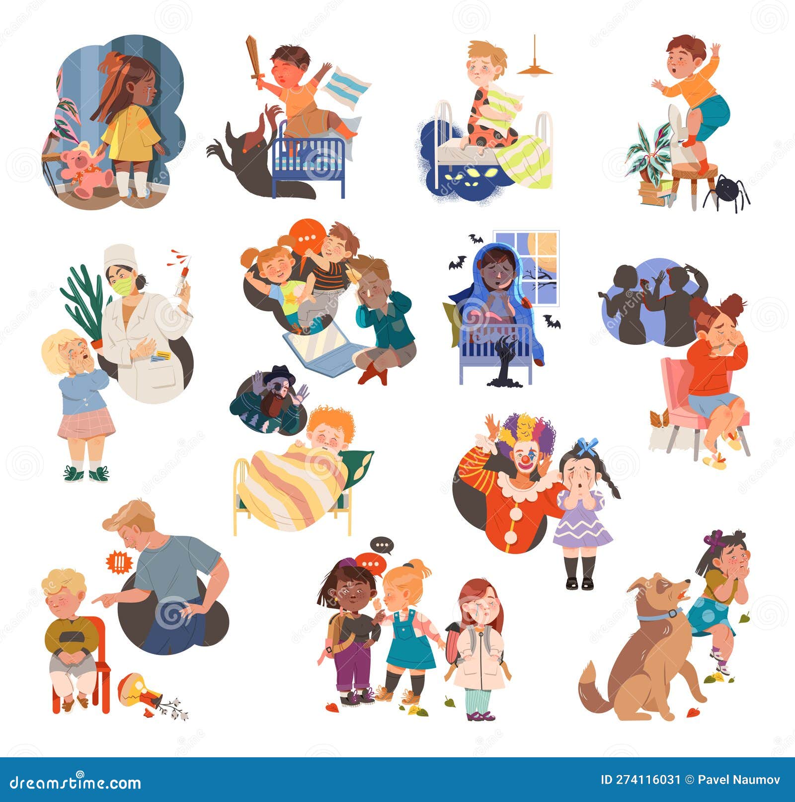 Children Having Fears and Afraid of Different Things Big Vector Set ...